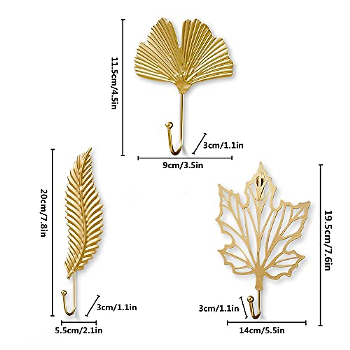 BOOMLATU Large Decorative Leaves Iron Hooks,Wall Mounted Single Coat Hooks Pack of 3 (Style A)