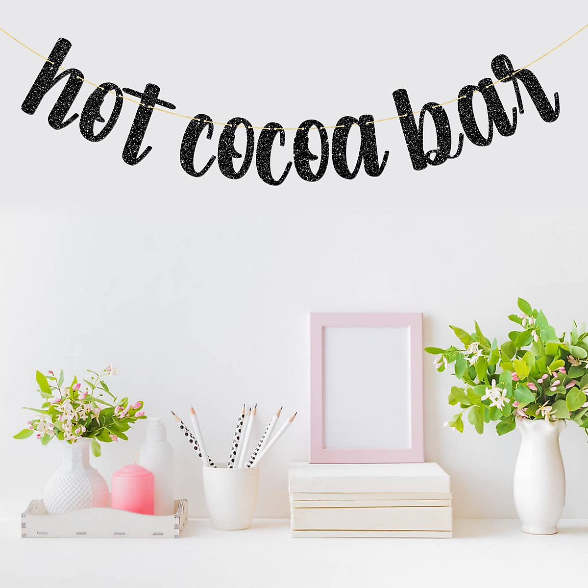 Hot Cocoa Bar Banner, Hot Chocolate Bar Decor, Chocolate Bar Party Decoration Supplies, Glittery Black
