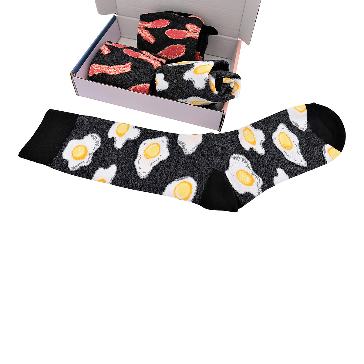 Real Sic Fun Socks for Men and Women - Cozy Cotton Dress Socks with Colorful Designs - Cool, Casual, Seafood Patterned (Eggs & Bacon 2 Pack)