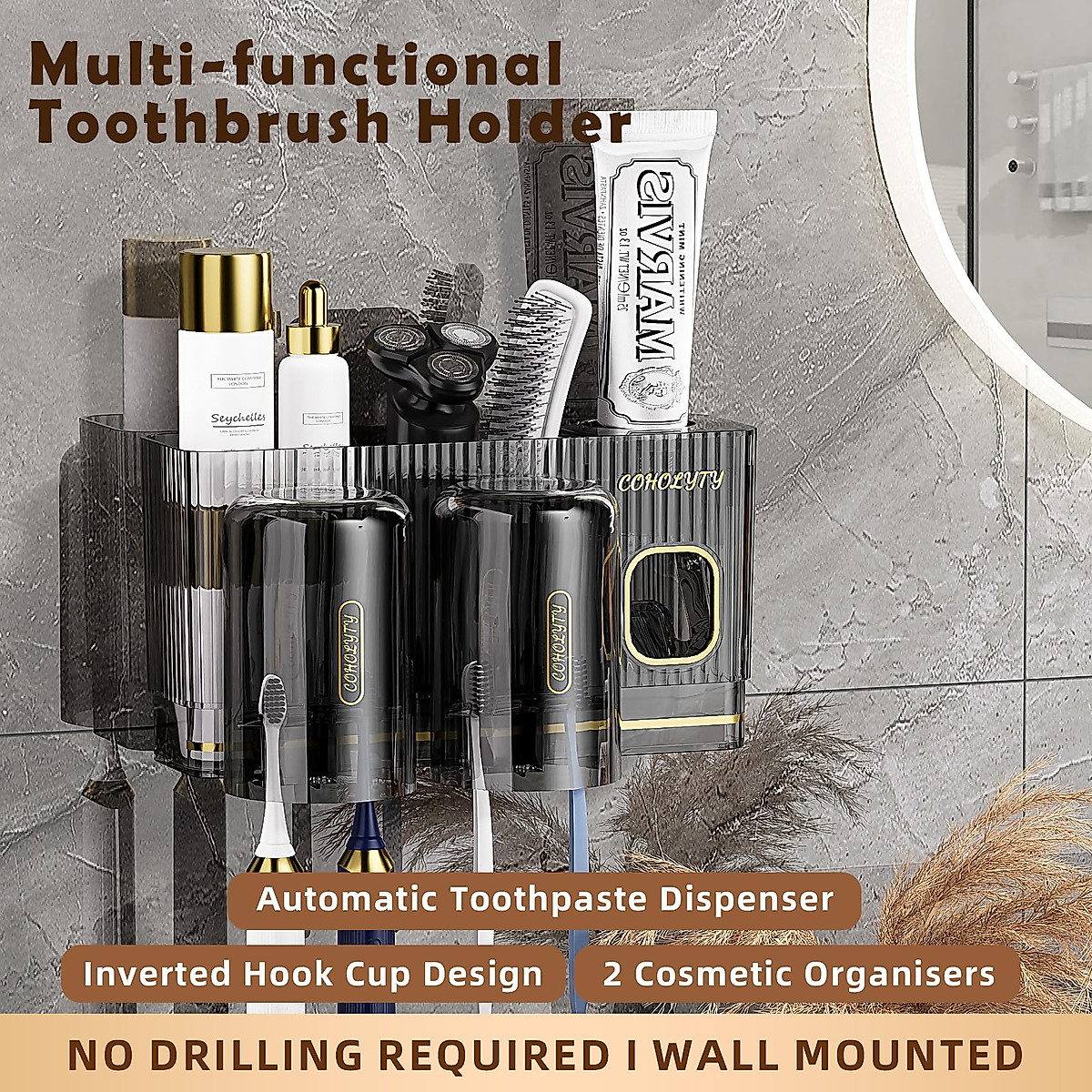 COHOLYTY Wall Mounted Toothbrush Holders with Toothpaste Dispenser,Bathroom Toothbrush Holder Set,2 Cups,6 Brush Slots,2 Cosmetic Organisers (Black, 2CUP)