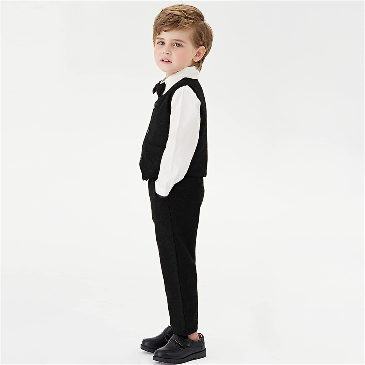SANGTREE Baby Boy's Tuxedo Clothes, 3 Pieces Fall Winter Outfit, Long Sleeves Button Down Dress Shirt with Bow Tie + Vest + Pants Set Gentlemen Clothing, A - Black, 9-12 Months = Tag 70
