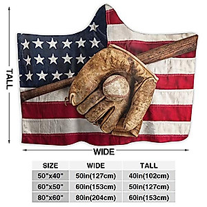 Vintage Baseball On American Flag Hoodie Blanket Wearable Throw Blankets for Couch Blanket Hooded for Baby Kids Men Women