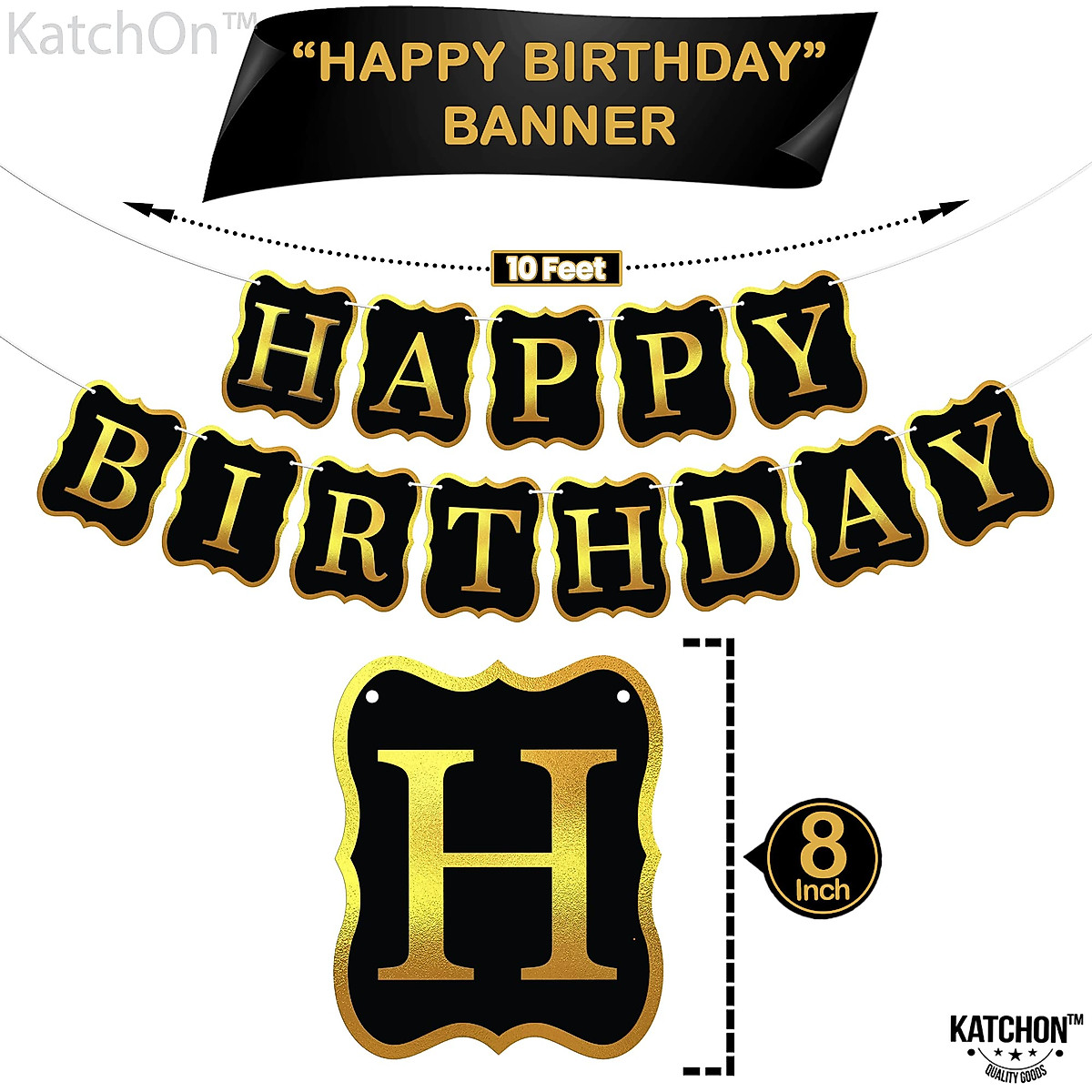 KatchOn, Large Happy Birthday Banner Black and Gold - 10 Feet, No DIY | Happy Birthday Sign | Black And Gold Happy Birthday Banner | Happy Birthday Banners for Men | Happy Birthday Backdrop for Men