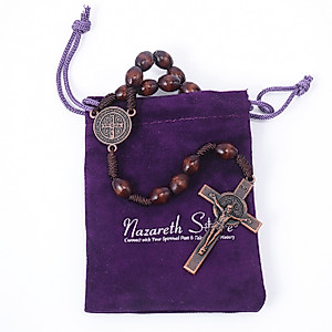 Nazareth Store St.Benedict Wood Beads Rosary Necklace Cord Beaded Catholic Rosary Saint Medal with Cross in Bronze Plating