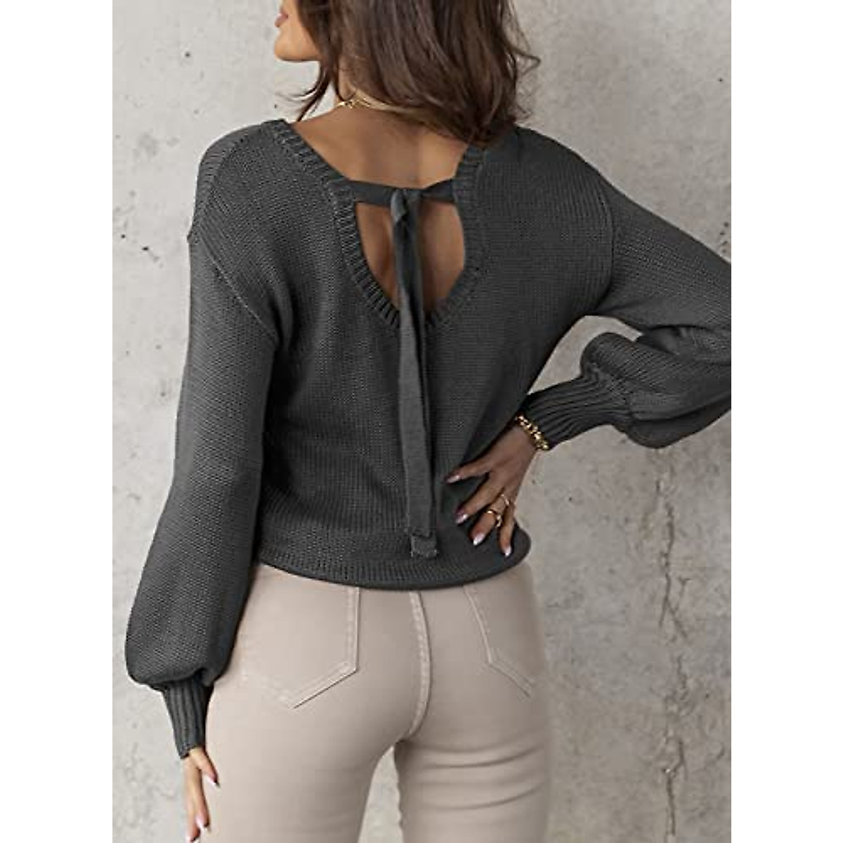 Dokotoo Crewneck Fall Sweaters for Women Long Sleeve Cut Out Backless Soft Tie Knot Knitted Pullover Casual Loose Gray Jumper Tops S