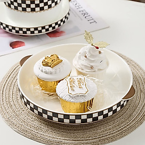 Porlien Checkered 8-Piece Plates and Bowls Set with Handles, Set of 2, Dessert/Cereal Bowls & Salad/Soup/Dessert Plates