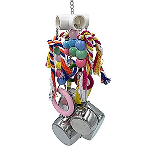 GILYGI Bird Parrots Pullable Stainless Steel Pots Toys, Bird Foraging Toys with Colorful Rope and Wooden Beads Rings for Small and Medium Parrot Bird