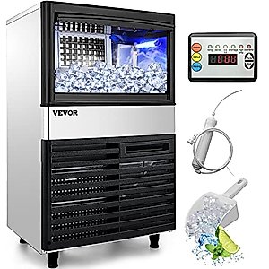 VEVOR 110V Commercial Ice Maker Machine 110LBS/24H with 39LBS Bin, LED Panel, Stainless Steel, Auto Clean, Include Water Filter, Scoop, Connection Hose, Professional Refrigeration Equipment