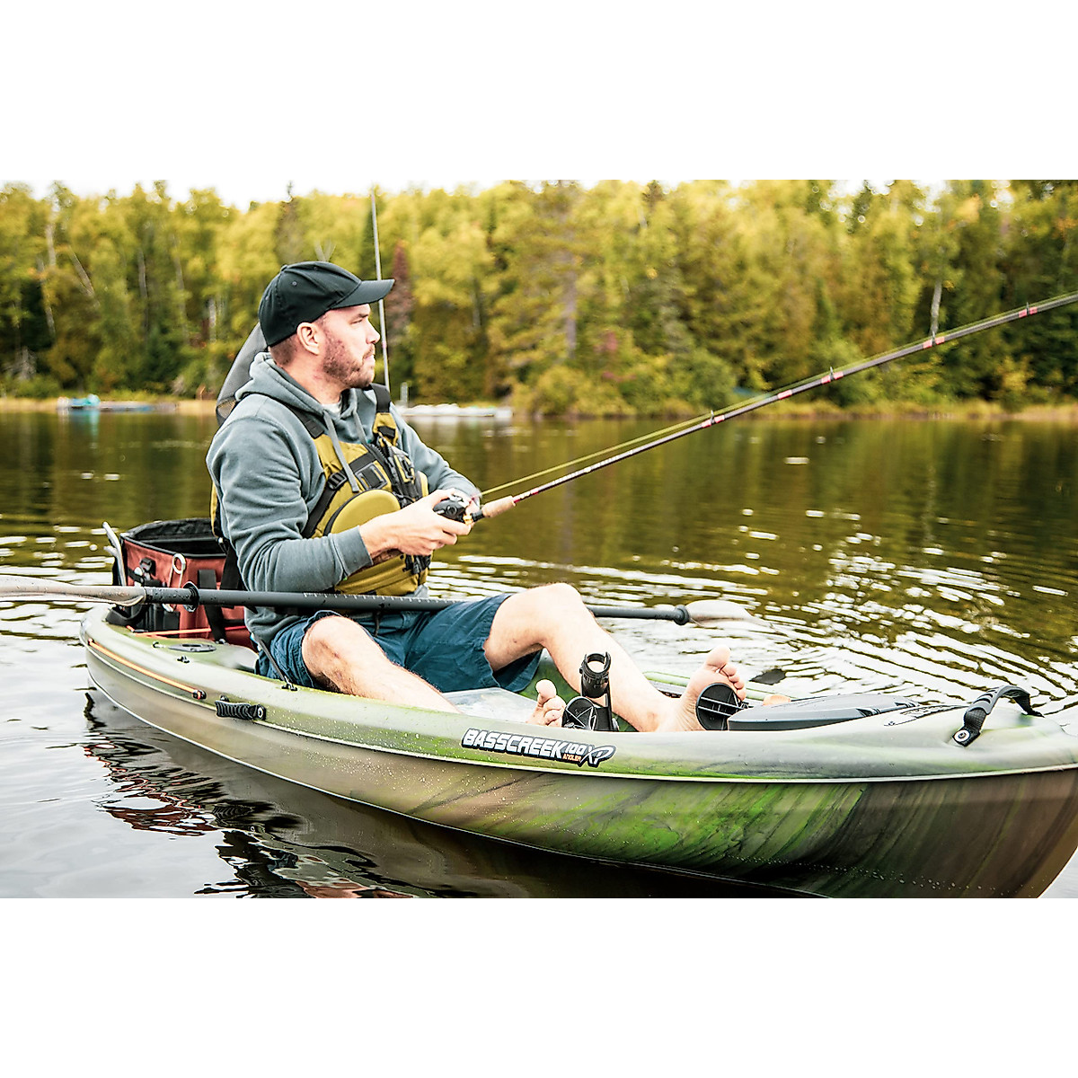 Pelican - Basscreek 100XP Fishing Kayak - Sit-On-Top Kayak - Lightweight one Person Kayak - 10 ft,Olive Camo