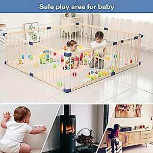 Largest Baby Gate Playpen, Kids Play Fence with Door, Play Area Indoor Kids,Safety Activity Center Playard w/Locking Gate Outdoor,Without Mat（Natural Wood,71”×79”）