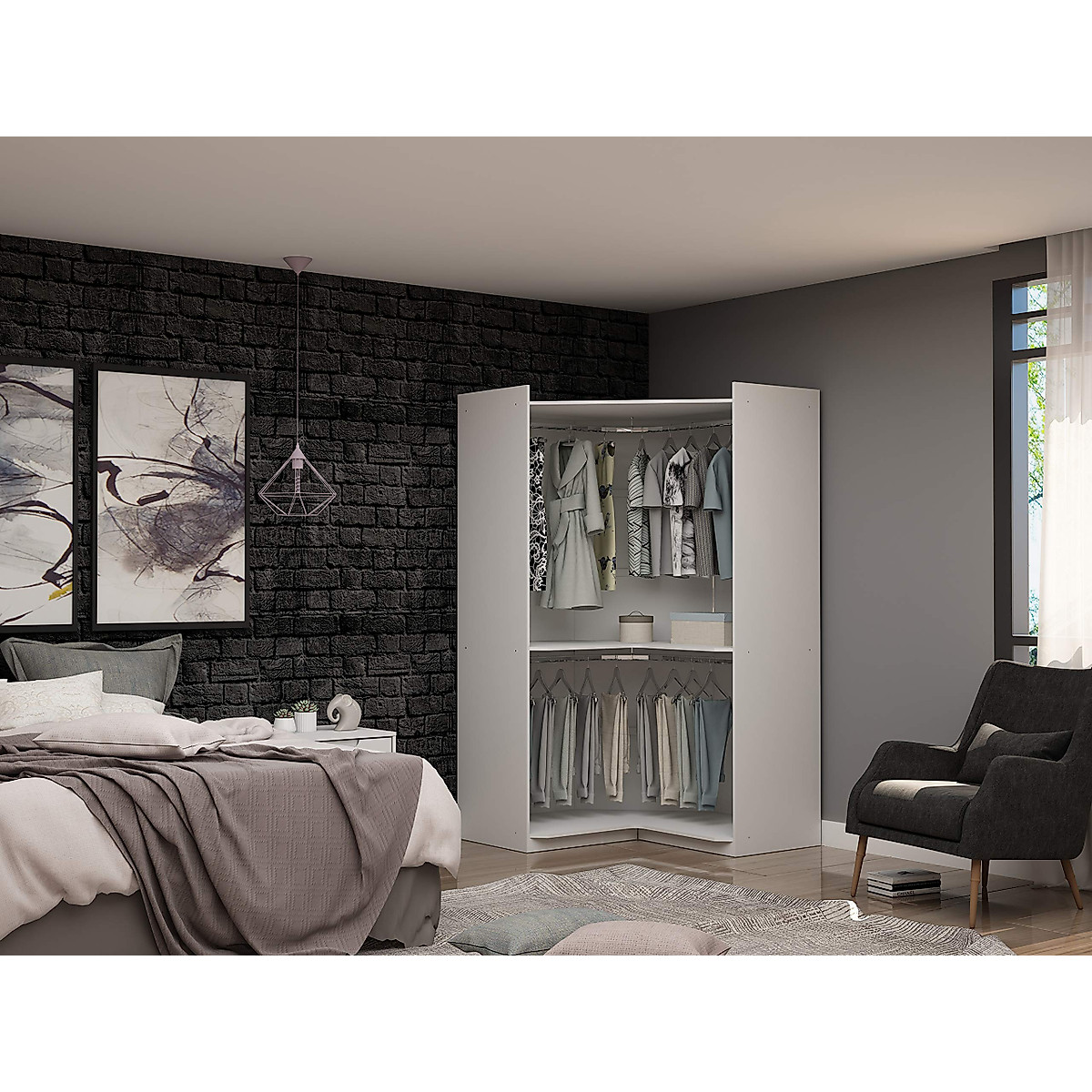 Manhattan Comfort Rockefeller Ultra Modern Open Corner Bedroom Closet with 2 Hanging Rods, 65.91", White
