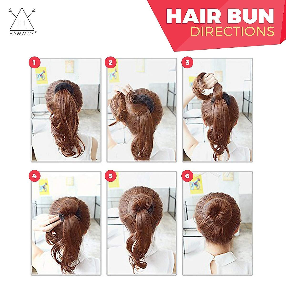 Hawwwy 12-piece Hair Bun Maker - Easy Fast Bun Tool, Short Long Thin Hair Women Girls Kids Toddler - Hair Accessories for Women - Brown Large (2 Donuts,2 Magic Snap & Roll, 4 Spin Pins)