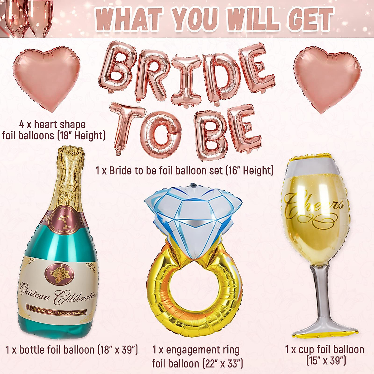 Ultimate Rose Gold Bachelorette Party Decorations Set - Including Bride to Be Sash, Veil, Confetti Balloons, Banner, Fringe Curtain