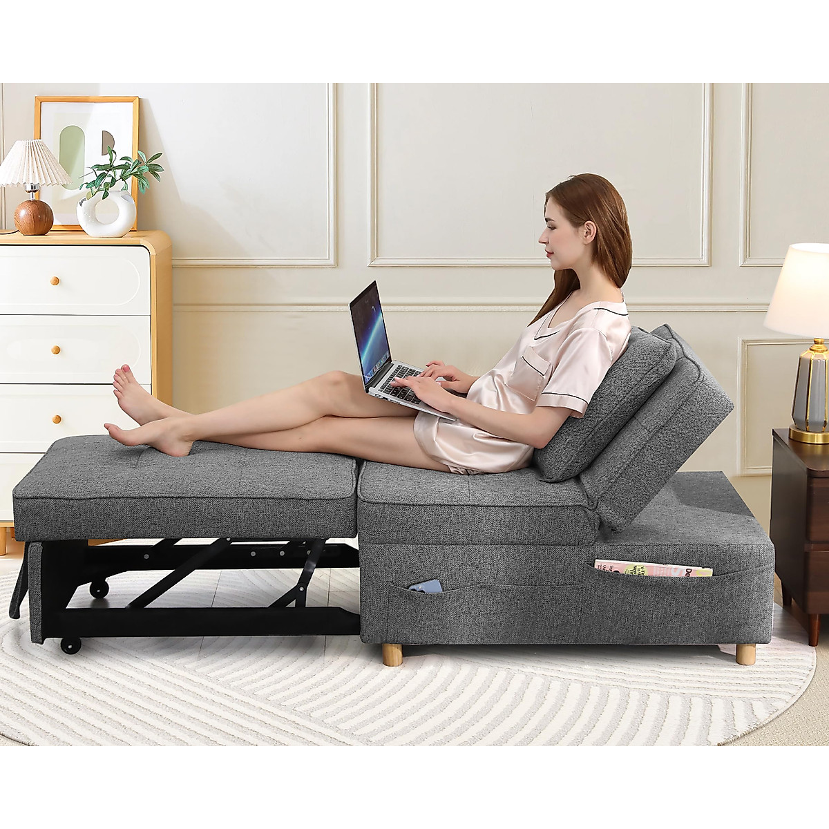 SEJOV Sleeper Sofa Chair Bed,4-in-1 Convertible Sofa Bed Chair with 6 Adjustable Backrest and Pillow, 3-Seat Pull Out Sleeper Chair Linen No Backrest for Bedroom Small Space Living Room, Dark Grey