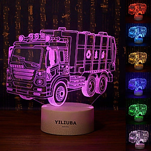 Garbage Truck Car Gift Night Lights for Kids 3D Lamp LED Desk Lamps for Boys Decor Bedroom Room USB plugs 7 Color Gradual Changing Truck Light or Birthday Xmas Party Festival Decor Children Gifts