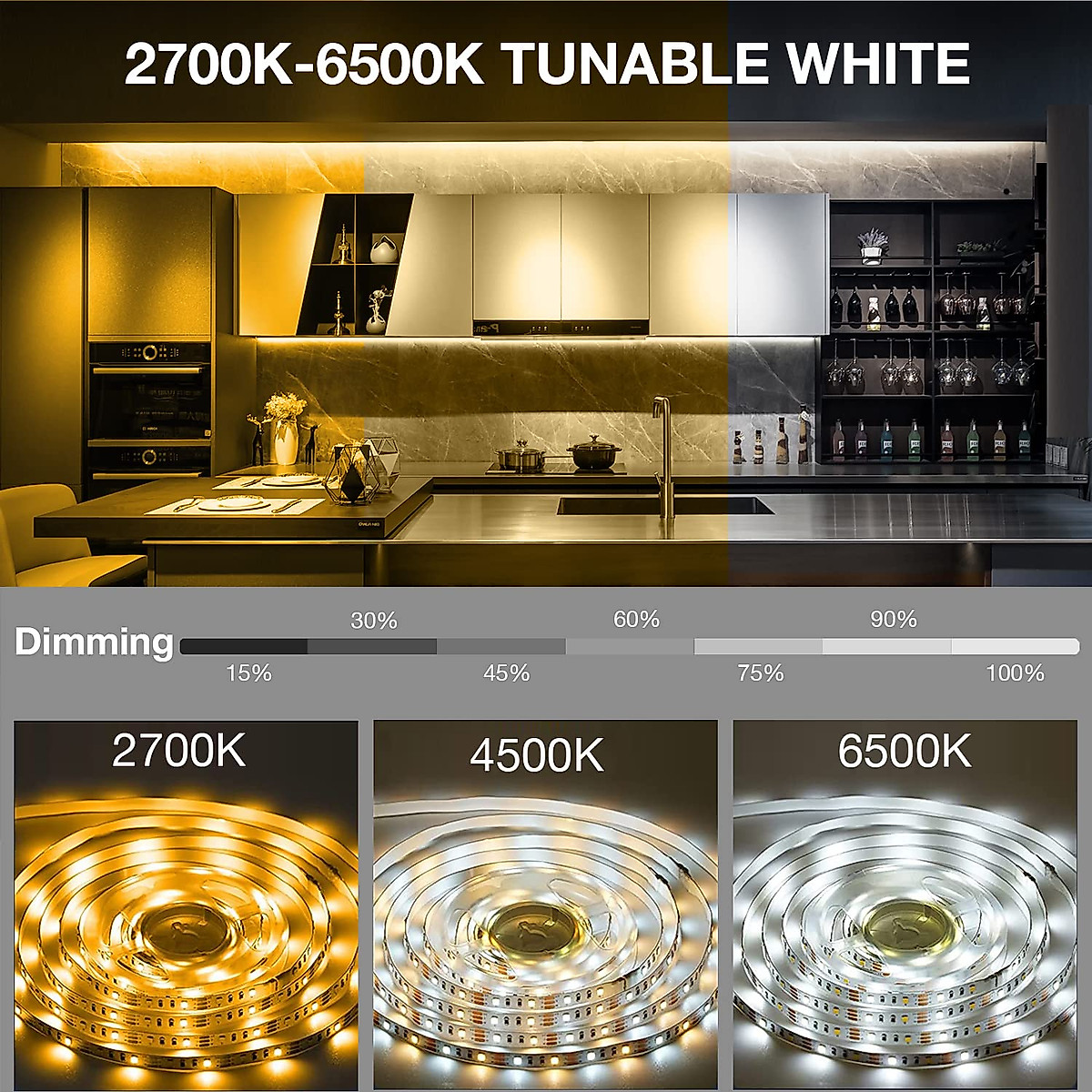DAYBETTER Under Cabinet Lights, 6 PCS Under Cabinet Lighting with Remote, Dimmable LED Strip Lights for Bedroom, LED Lights for Kitchen Cabinet, Counter Shelf 2700K-6500K Warm to Daylight White, 9.8ft