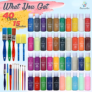 Kids Tempera Paint Set | Value Pack Includes 40 Washable Non-Toxic Colorful Paints (2oz bottles) & 15 Brushes | Metallic, Neon, Glow In The Dark, Glitter Paints | Paint For Arts & Crafts, Fun Projects
