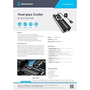 GRAUGEAR M.2 2280 SSD Heatsink, Direct-Touch Heat of Copper Heat Pipe, 20mm Built-in Cooling Fan, Aluminum Plate-Fin Design, Thermal Pads incl. Cooler for M.2 NVMe/SATA [G-M2HS08-F]