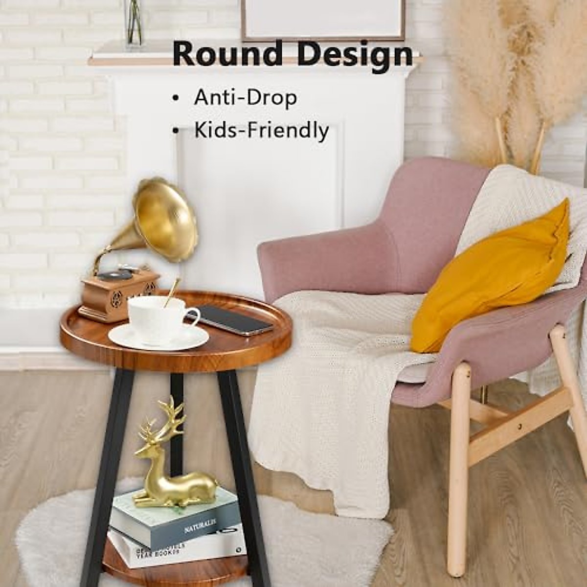 Hadulcet Small End Table with Charging Station, Small Side Table for Small Spaces, Small Nightstand Bedside Table, Small Round Side Tables Bedroom, Small Round End Tables Living Room, Small Table