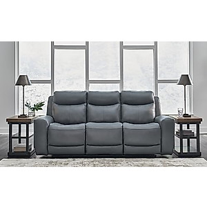 Signature Design by Ashley Mindanao Contemporary Leather Match Upholstered Power Reclining Sofa with Adjustable Headrest and USB Ports, Gray