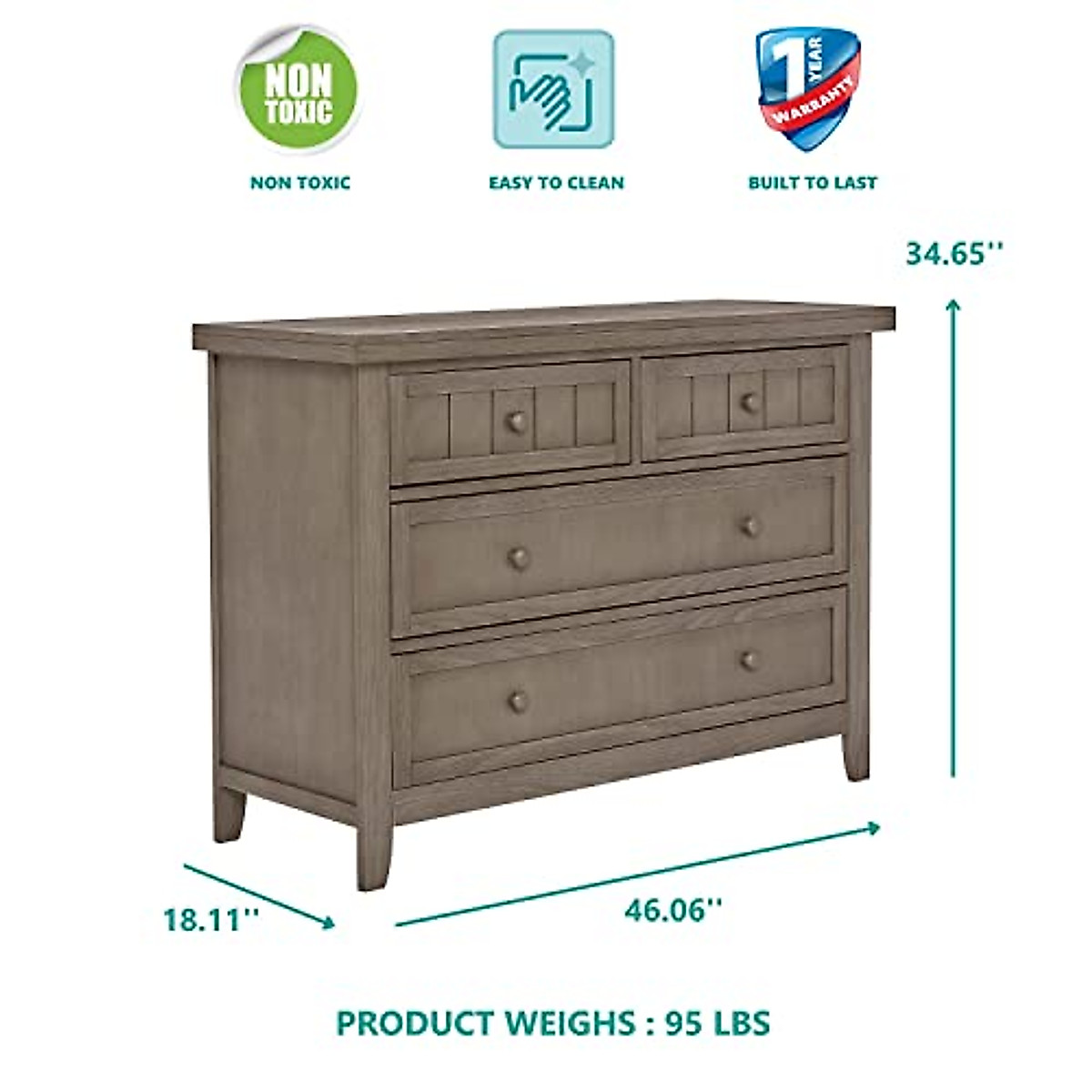 Dream On Me Maple Double Dresser I Kids Bedroom Dresser I Four Drawers Dresser I Farmhouse Modern, Oak Grey