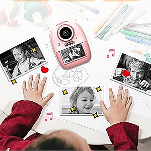 Damian-Sewing Kids Instant Print Camera Kids Camera with 2”HD Large Screen, Zero Ink Digital Camera with Thermal Printing Paper and Cartoon Stickers, Children Toy Camera (Color : Pink)