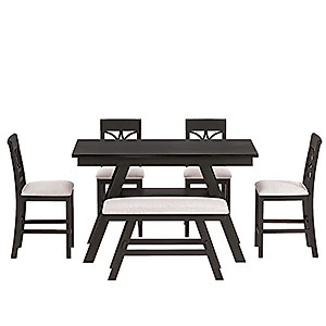 Farmhouse Counter Height 6-Piece Dining Set, Heavy Solid Wood Kitchen Dining Room Table Set, 60 in Triangular Design Bar Table with Storage Shelf, Bench and 4 Chairs with Soft Cushion (Espresso)