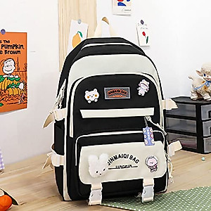 YGYCF Kawaii Backpack 5Pcs Set for Student with Cute Bear Accessories - School Bags for Teen Girls Back to School Supplies Essentials Aesthetic Bookbag, B Black