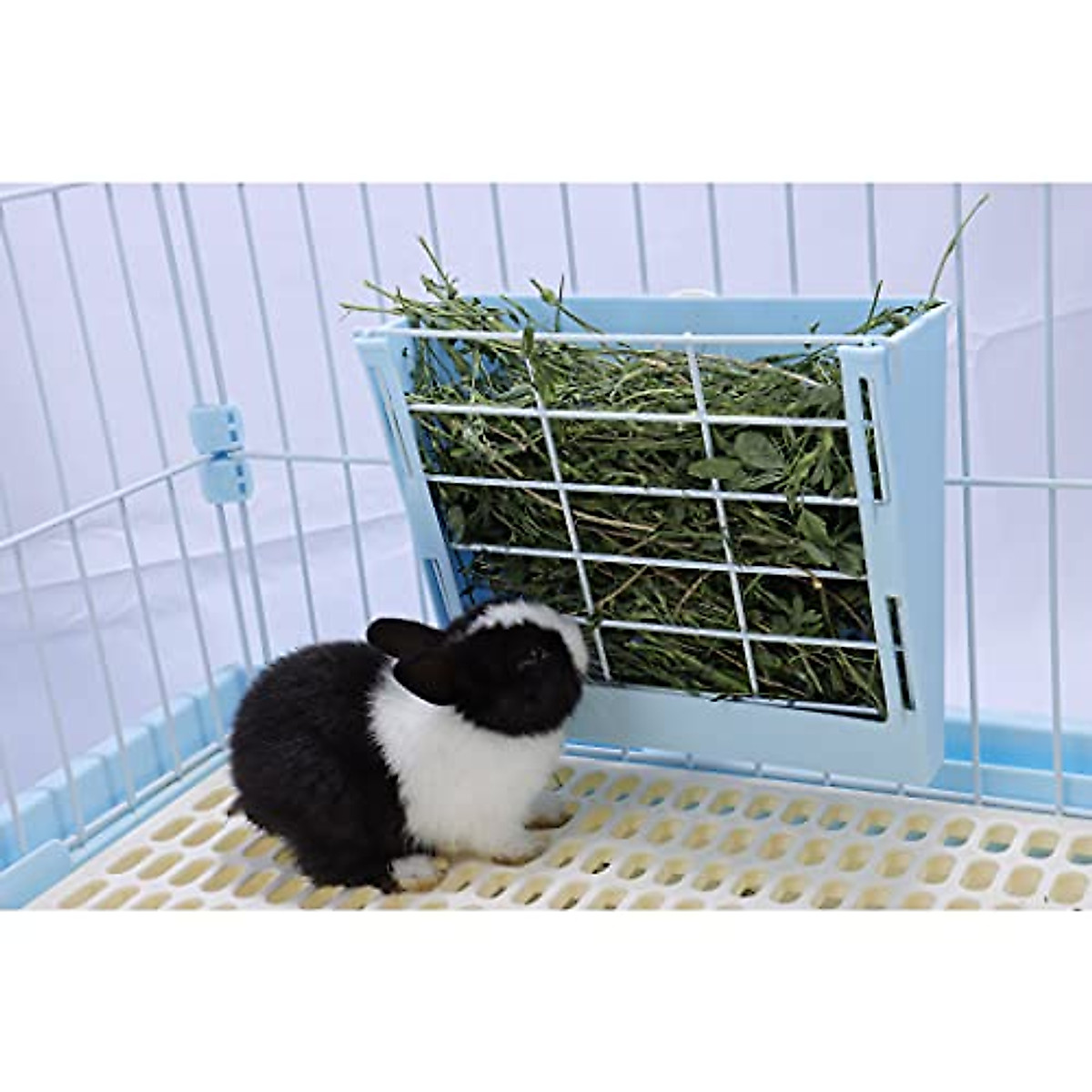 RUBYHOME Hay Feeder for Rabbits, Guinea Pigs, and Chinchillas - Minimize Waste and Mess with 9 1/4" x 3 3/4" x 8" Hanging Alfalfa and Timothy Hay Dispenser (Blue)