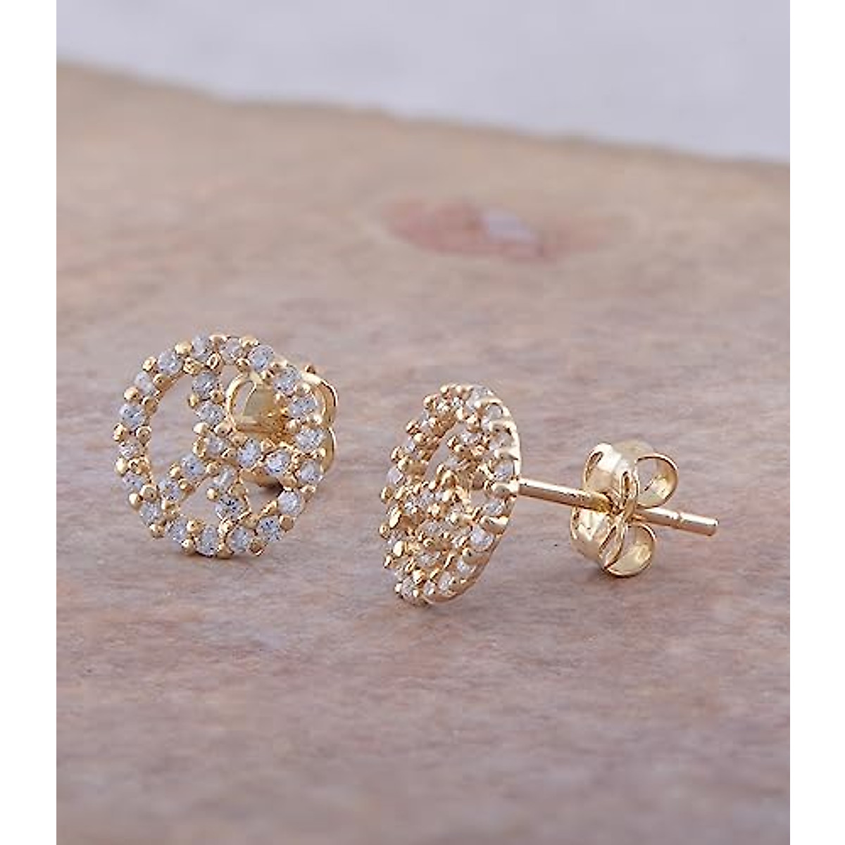 14K Solid Yellow Gold Womens Round Cubic Zirconia Cz Small Peace Sign Hipster Stud Earrings Perfect for Ladies - 0.27in