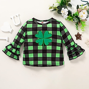 YOUNGER TREE Toddler Girl St Patricks Day Outfits Four-Leaf Clover Sweatshirt Clothes Saint Patrick's Day Ruffle T Shirt Tops + Bell Bottoms Pants (Green Plaid A, 4-5T)