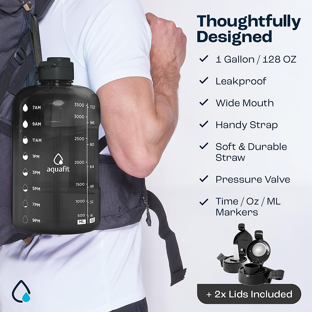 AQUAFIT 1 Gallon Water Bottle With Time Marker - Straw & Chug Lid - Big Water Bottle With Straw - BPA Free Gym Water Bottle With Handle - Gallon Water Jug (128 oz - 2 Lids, Aqua)