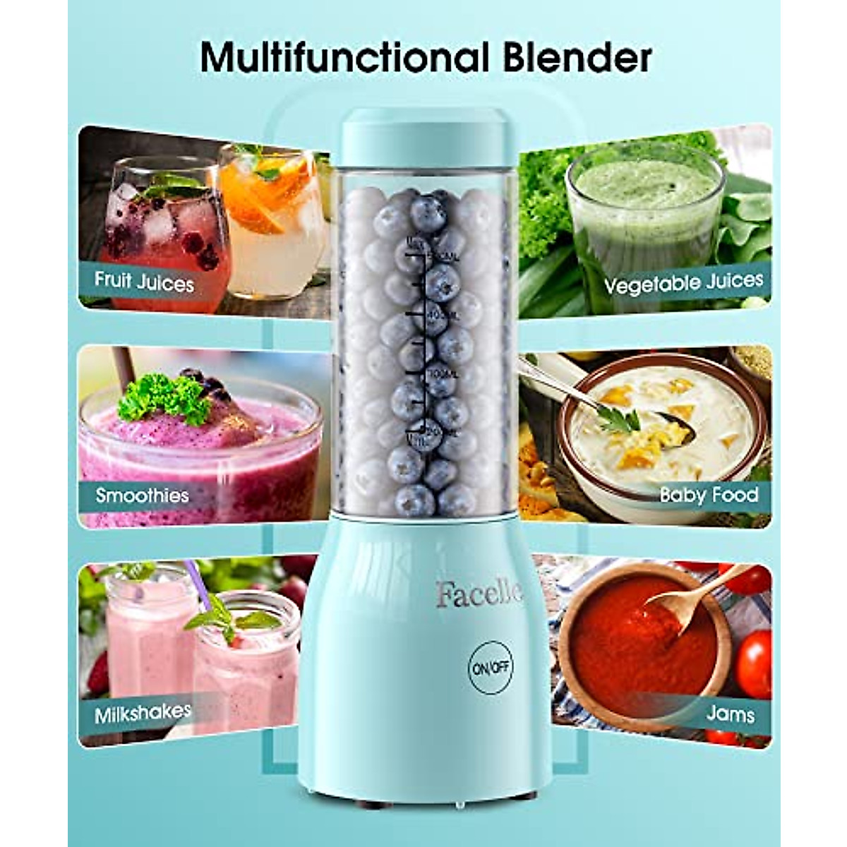 Facelle Smoothie Blender, 400W Powerful Personal Blender, 17Oz Personal Size Blender with 4 Sharp Stainless Steel Blades, Smart Switch Portable Blender for Shakes Frozen Drinks Smoothies Food Juices