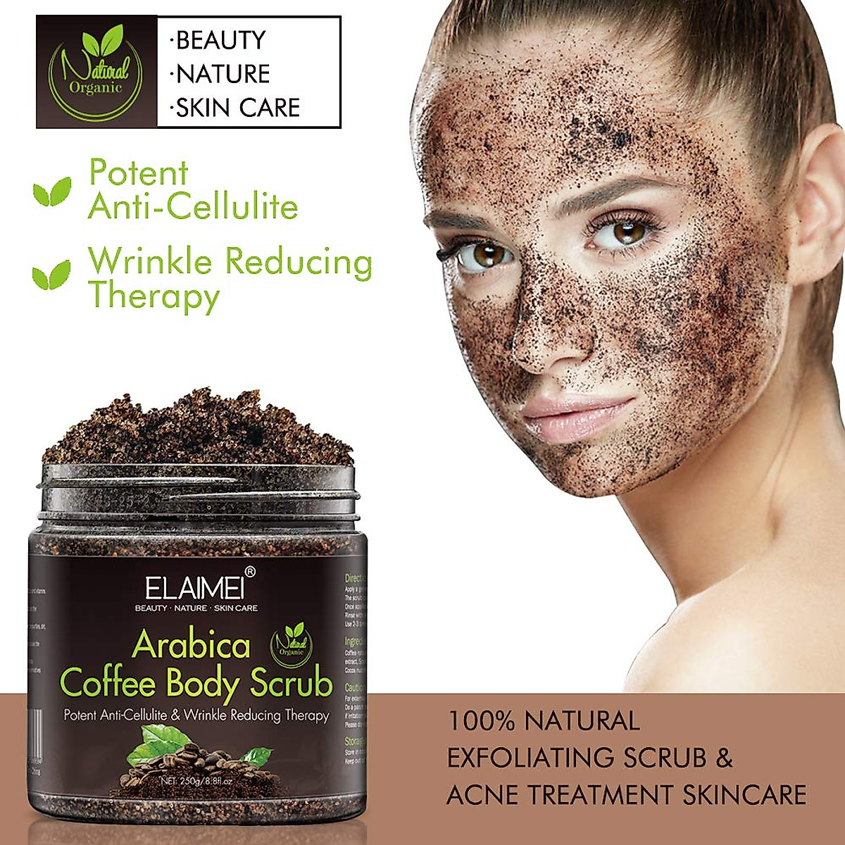 Body Scrub Exfoliation for Dry Dead Skin, Body Polish Cream with Arabica Coffee-Anti Cellulite and Stretch Mark Treatment, Deep Cleansing and Moisturizing Body, Face and Lip scrub 8.8 oz