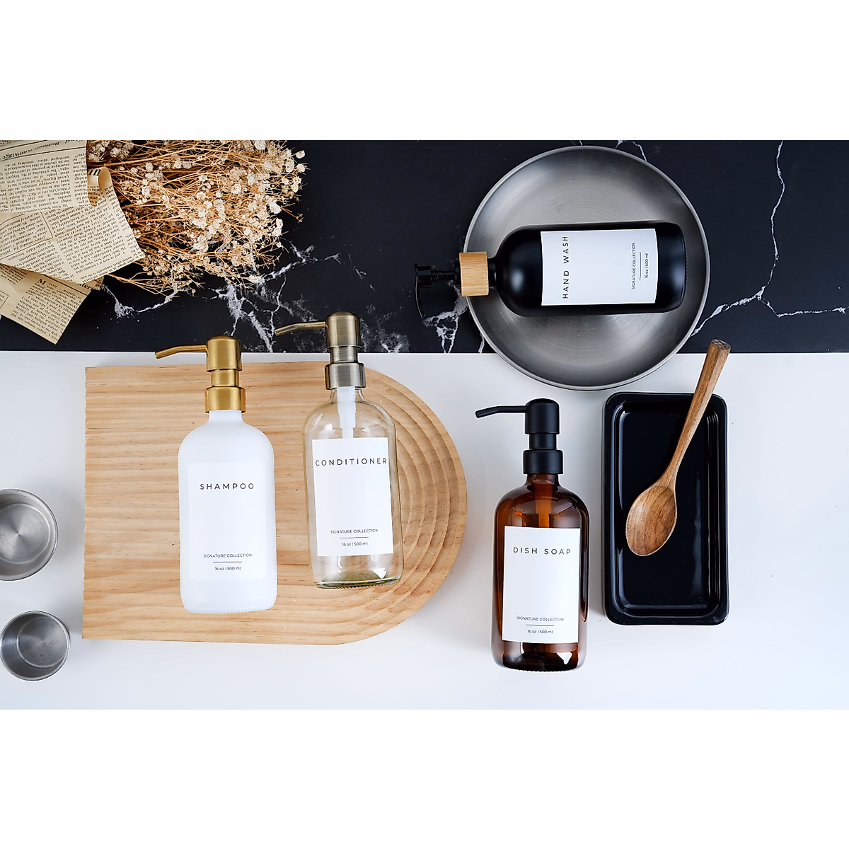 Emerson Soap Dispenser, Dish Soap Dispenser for Kitchen - Soap Dispenser Bathroom Set, Hand Soap Dispenser, Kitchen Soap Dispenser Set, Glass Soap Dispenser with Pump and Labels - 16 Oz | 2 Pack