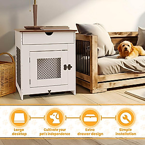 DYTREND Dog Kennel Furniture Wooden Furniture-Style Dog Crate End Table with Drawer | Dog cage for Small Dogs Indoor | White Dog Cage | Chew-Resistant Design