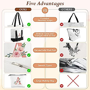 Floral Ini-tial Large Tote Bag for Women, Can-vas Beach Bag w Makeup Bag, Personalized Friend 50th Birthday Bridesmaid Bridal Shower Mothers Day Gifts w Inner Pocket, Top Zi-pper, Gift Box, Card J