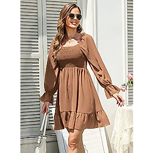 SouqFone Boho Dress for Women Flounce Sleeve Shirred Ladies Dress Square Neck Lantern Sleeve Cocktail Dresses-L,Camel