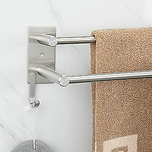 NearMoon Double Towel Bar with Hooks, Bath Accessories Stainless Steel Shower Towel Rack, Towel Rod Holder for Bathroom/Kitchen, Self Adhesive&Wall Mounted Installation (Brushed Nickel, 16 Inch)