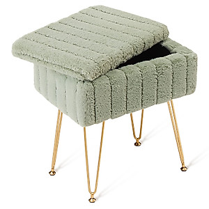Wimarsbon Faux Mink Fur Storage Ottoman, Modern Soft Footstool, Storage Bench with Metal Legs, Vanity Seat, Fur Stool, Ottoman Coffee Table, Makeup Chair, Vanity Stools for Bedroom (Light Green)