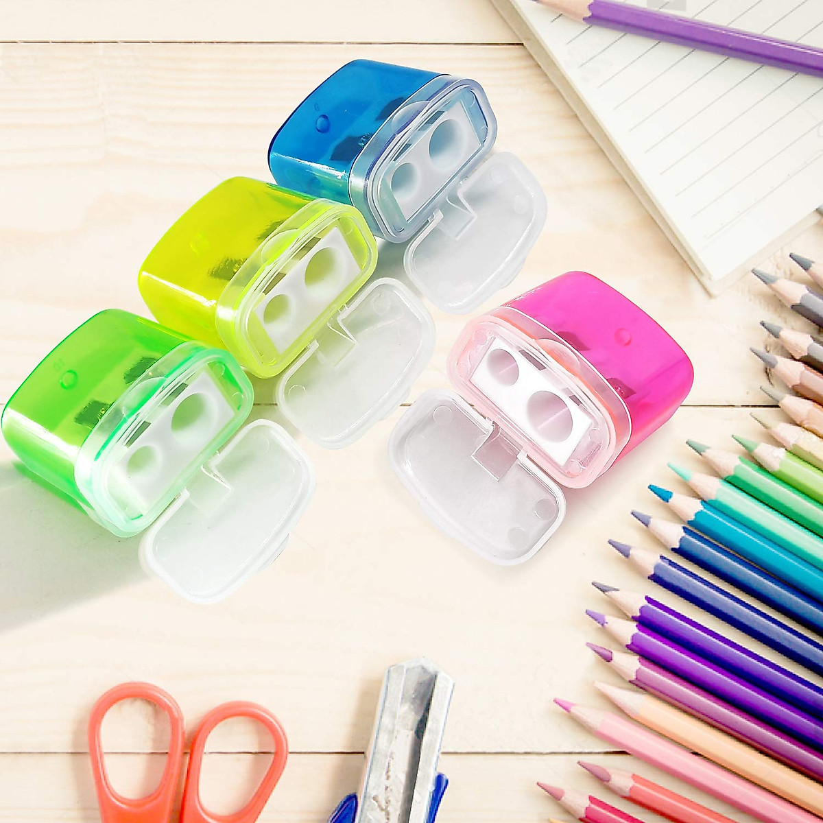 Manual Pencil Sharpeners, 4PCS Colorful Compact Dual Holes Sharpener with Lid for Kids & Adults, Portable Pencil Sharpener for Travel School Office and Art Room