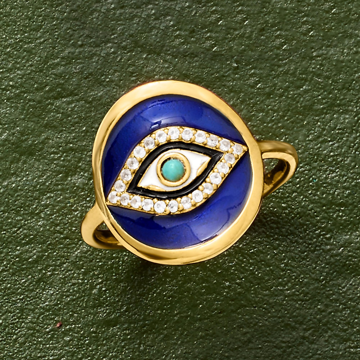 Ross-Simons 0.10 ct. t.w. White Topaz and Multicolored Enamel Evil Eye Ring With Turquoise in 18kt Gold Over Sterling. Size 9