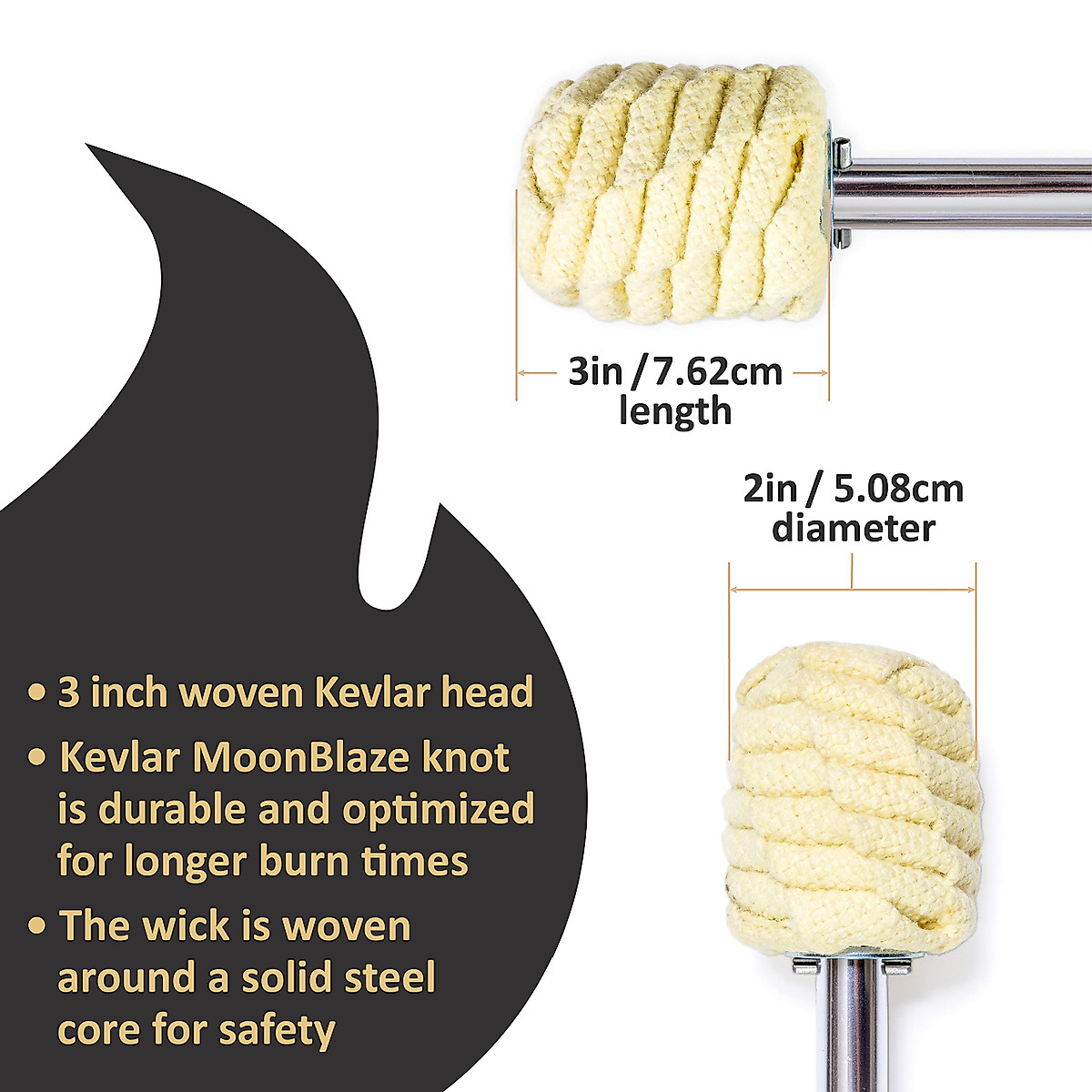 FIRE MECCA Fire Staff – 3 Inch Woven Kevlar MoonBlaze Head – Custom Length – 60 Inch Length – Aluminum Tube Body – Flow, Spinning, Circus, Dance Prop – for Festivals, Ceremonies, & Performances