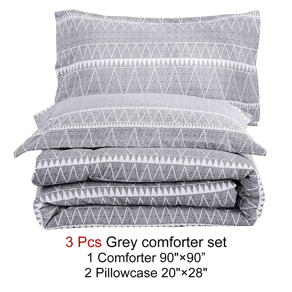 WONGS BEDDING Grey Comforter Set Queen, Soft Microfiber Reversible Gray Boho Down Alternative Comforter Set for Queen Bed- 3 Pieces (1 Solid Comforter + 2 Pillowcases), Bedding Duvet Set 90"x 90"
