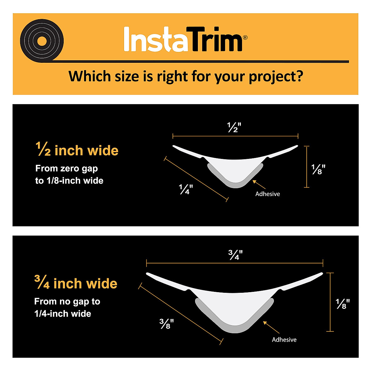 InstaTrim New & Improved Self-Adhesive Caulk Trim, 1/2" x 10', 2-Pack, Flexible, Waterproof, Stain Resistant for Bathroom, Floors, Walls, DIY Project, White