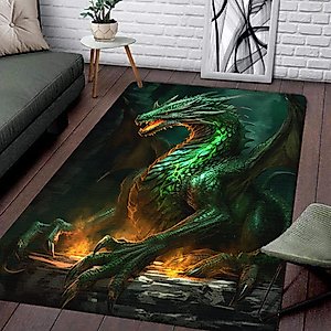 Lovely Dragon Area Rug for Home Decor - Green Dragon Rugs, Customized Dragon Rugs for Living Room Decor, Vintage Dragon Floor Rug for Bedroom, Dragon Carpets, Cool Dragon Printed Floor Rugs 4x6