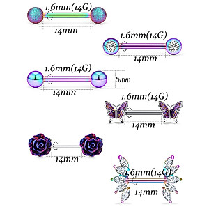 Vsnnsns 14G Nipple Rings for Women Stainless Steel Butterfly Nipple Rings Flower Nipple Piercing Jewelry CZ Nipple Rings Surgical Steel Nipple Jewelry Barbell Body Piercing Jewelry Rainbow