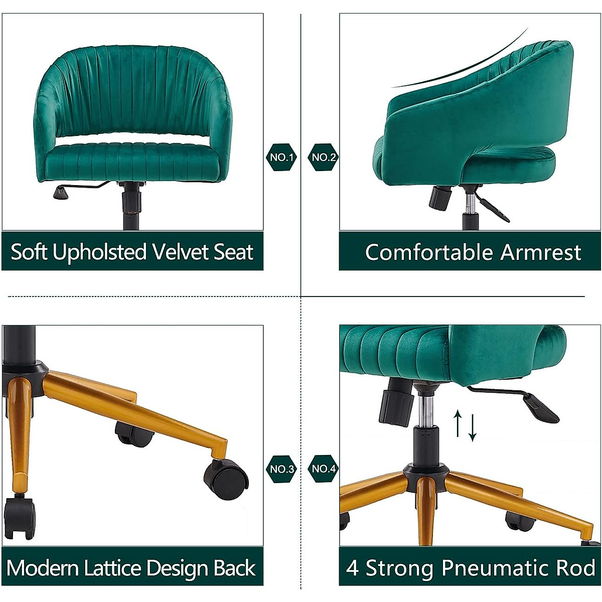 Home Office Chair Swivel Velvet Desk Chair Modern Cute Green Desk Chair with Gold Base for Girls Women Ergonomic Study Seat Computer Task Stools for Living Room (Green)