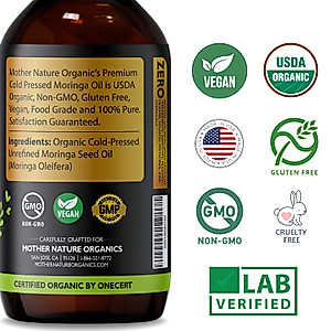 Moringa Oil - USDA Certified Organic, 100% Pure, Cold Pressed & Unrefined Gluten Free Oil (2oz) - Natural Moisturizer for Skin, Face, Body & Hair - Non-GMO & Vegan