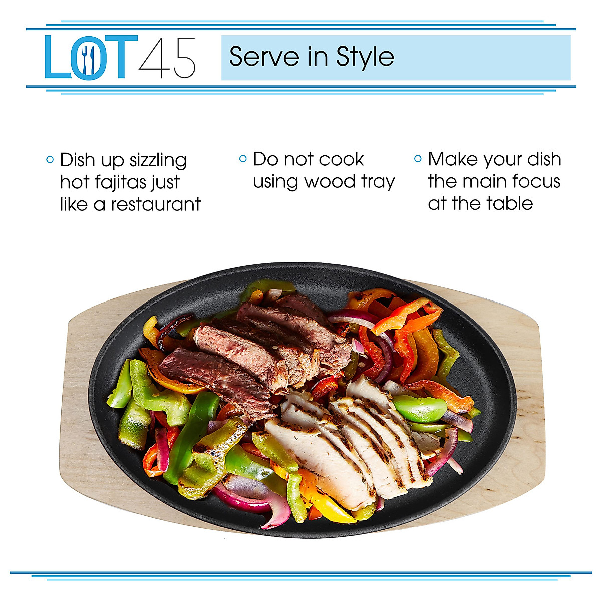 Lot45 Cast Iron Fajita Sizzling Pan- 10in Hot Dish Sizzling Plate Serving Platter with Wooden Base Plate, Steak Skillet